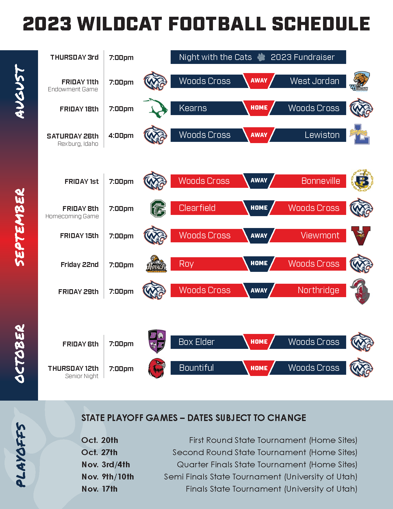 2023 | Varsity Football Schedule – Woods Cross Wildcats Football